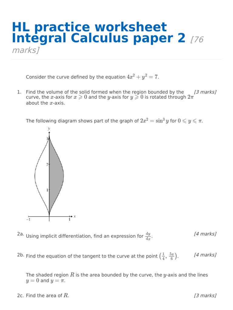 HL Practice Worksheet Integral Calculus Paper 2 | PDF | Integral ...