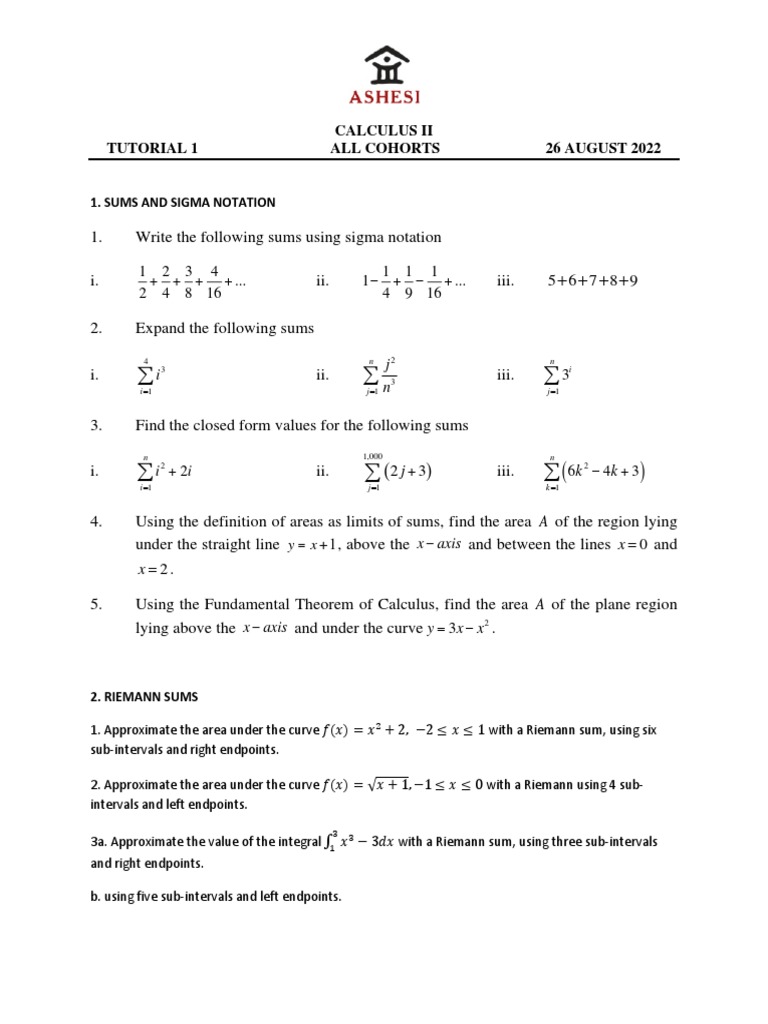 Calculus 2 - Tutorial 1 | PDF | Integral | Mathematics