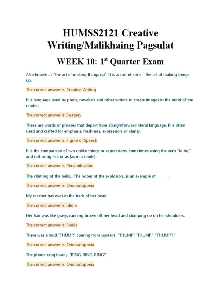 HUMSS2121 Creative Writing WEEK 10 1st Quarter Exam Woe | PDF | Poetry