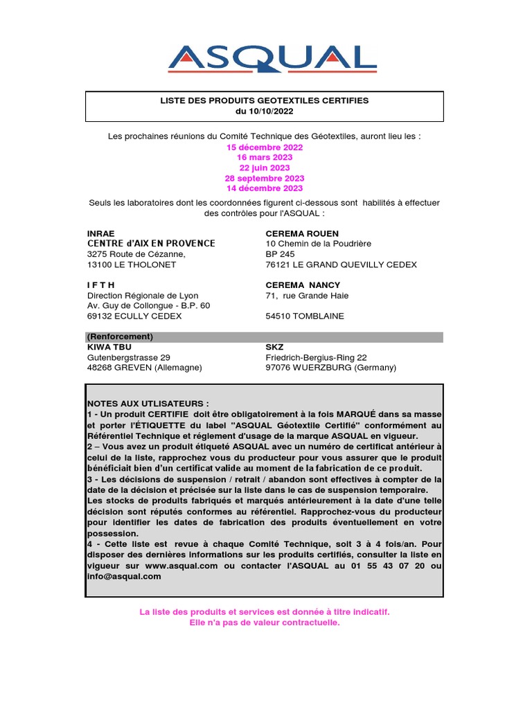 Liste ASQUAL - GTX | PDF | Maison et jardin | Technologie et ingénierie