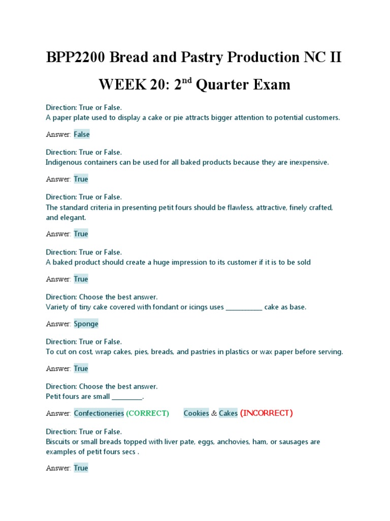 BPP2200 Bread and Pastry Production NC II 2nd Quarter Exam (WEEK 20) | PDF | Cakes | Baking