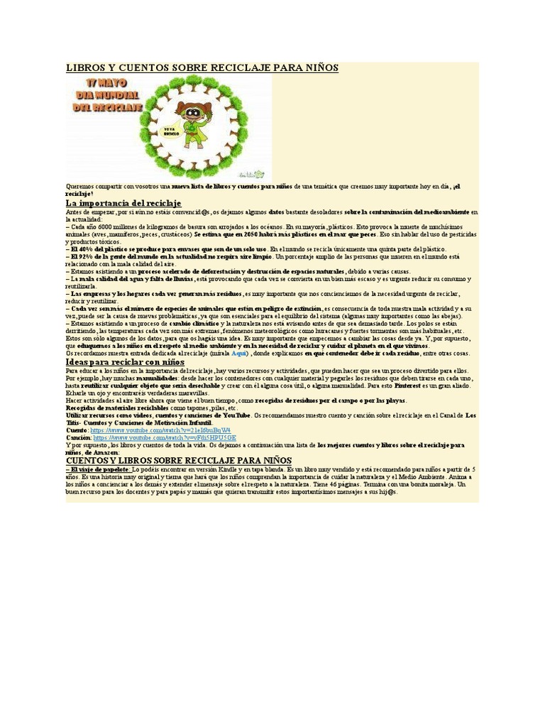 Libros y Cuentos Sobre Reciclaje para Niños | PDF | Reciclaje | Residuos