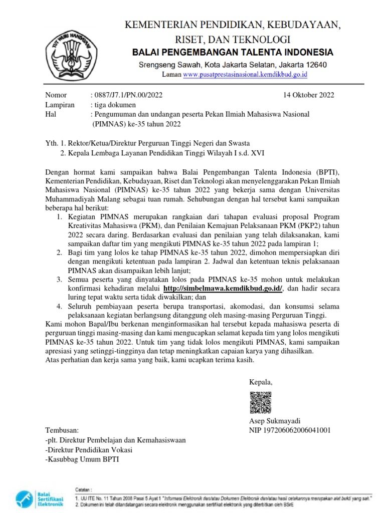 Pengumuman PIMNAS 35 Tahun 2022 | PDF