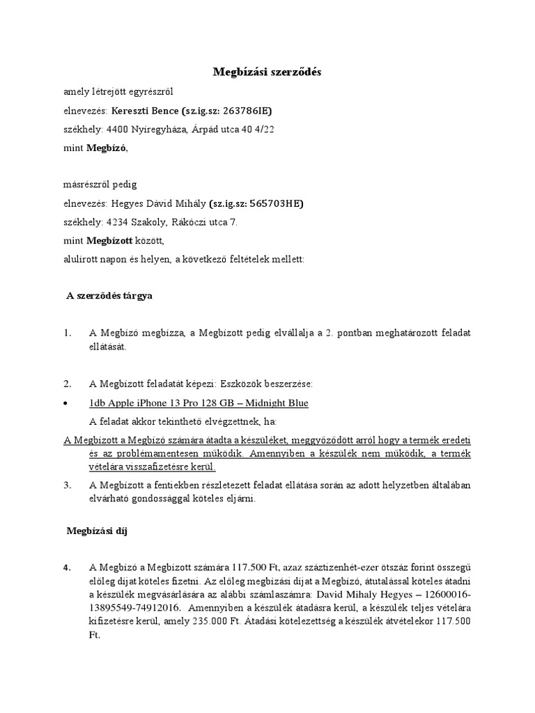 Megbizasi Szerzodes | PDF