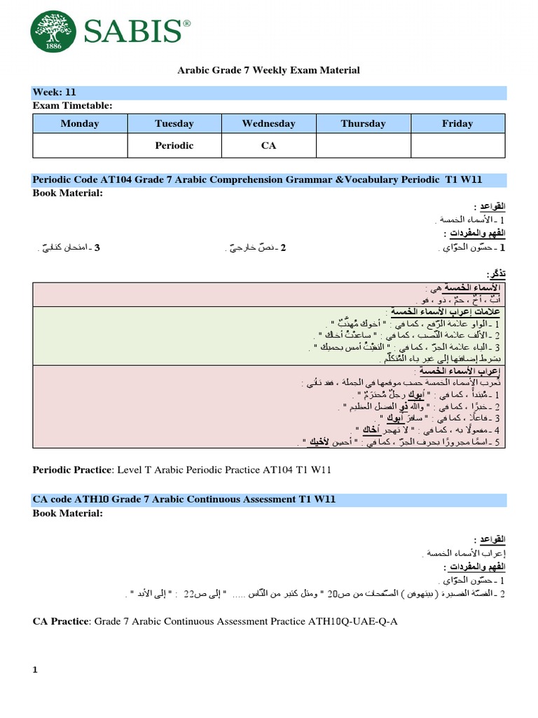 2223 Grade 7 Arabic Exam Related Materials T1 WK 11 | PDF