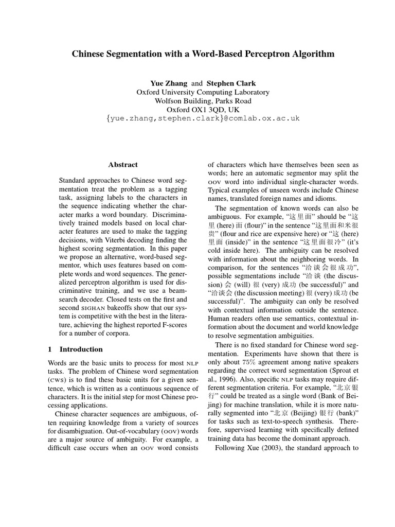 Chinese Segmentation with a Word-Based Perceptron Algorithm | PDF ...