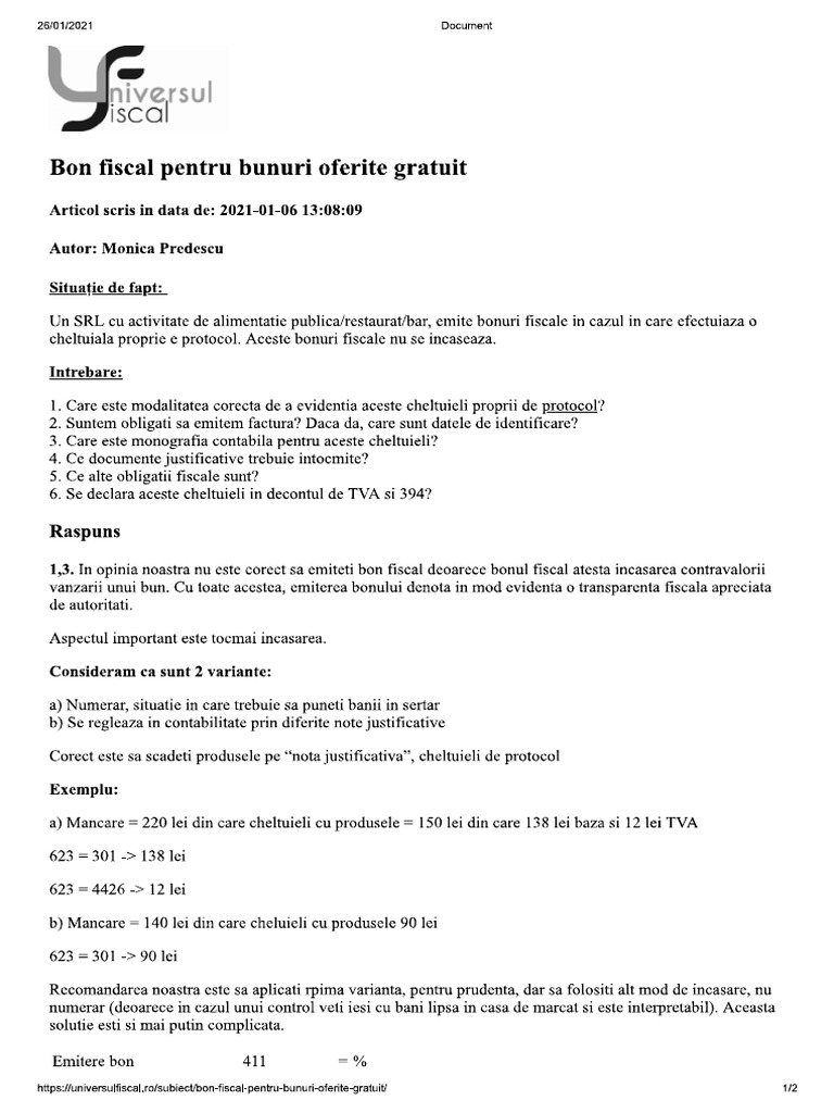 Bon Fiscal Pentru Bunuri Oferite Gratuit - Universul Fiscal | PDF