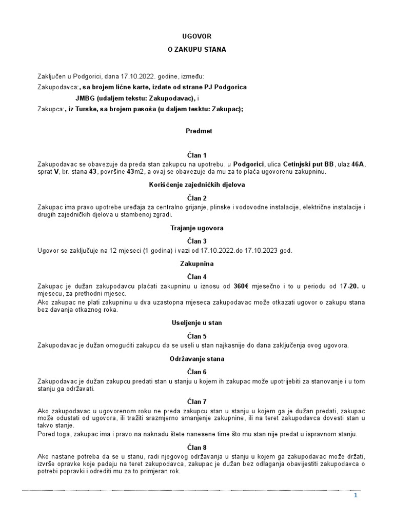 Ugovor o Zakupu Stana | PDF