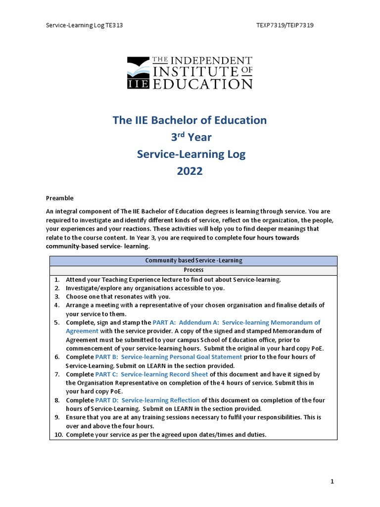 TEIP7319 - TE313 Service Learning Log | PDF | Service Learning | Teachers