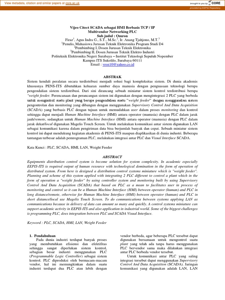 Vijeo Citect SCADA Sebagai HMI Berbasis TCP / IP Multivendor Networking PLC Sub Judul: Omron | PDF