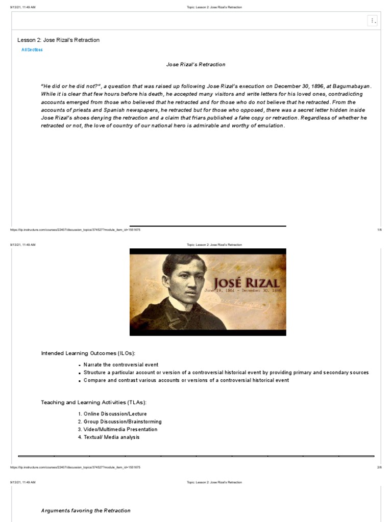 Topic - Lesson 2 - Jose Rizal's Retraction | PDF