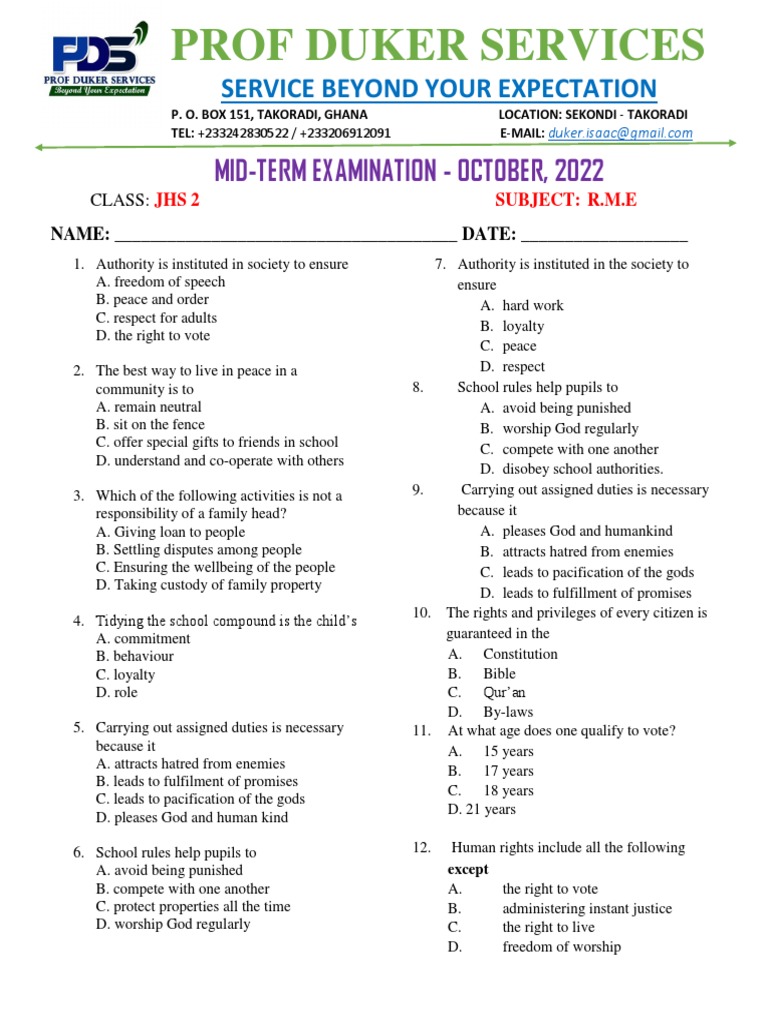 R.M.E Mid Term 2022 Basic 8 Prof Duker Oct | PDF | Mercy