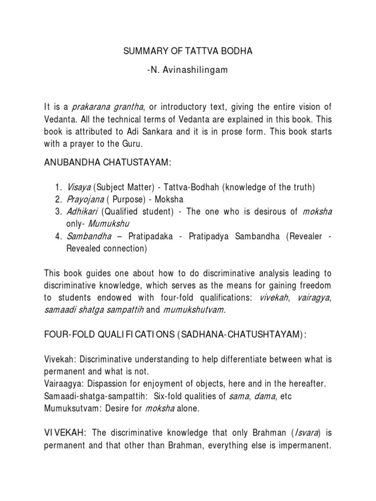 Summary of Tattva Bodha | PDF | Ātman (Hinduism) | Moksha