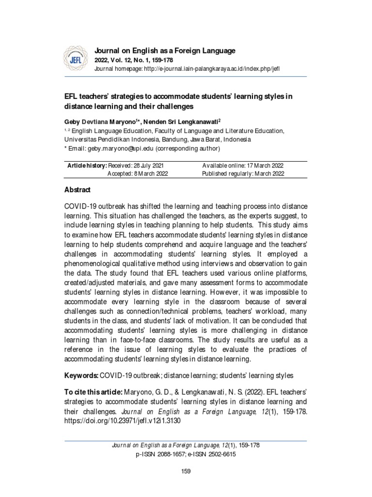 EFL Teachers' Strategies To Accommodate Students' Learning Styles in ...