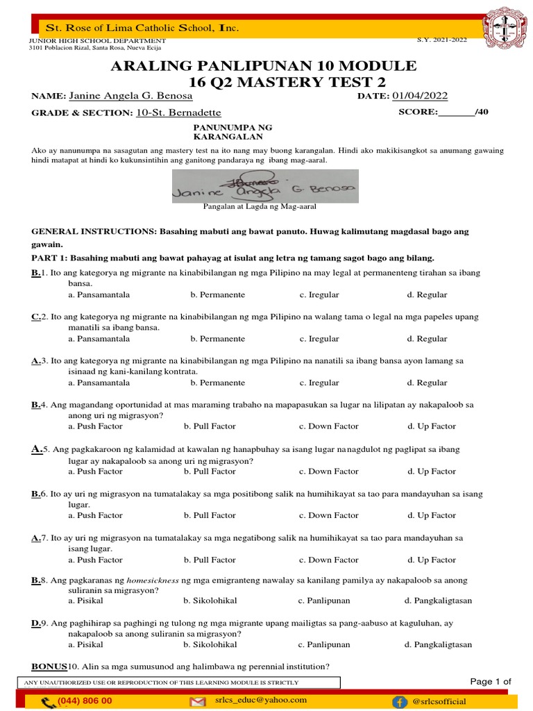 Araling Panlipunan 10 Module 16 Benosa Janine Angela G. | PDF