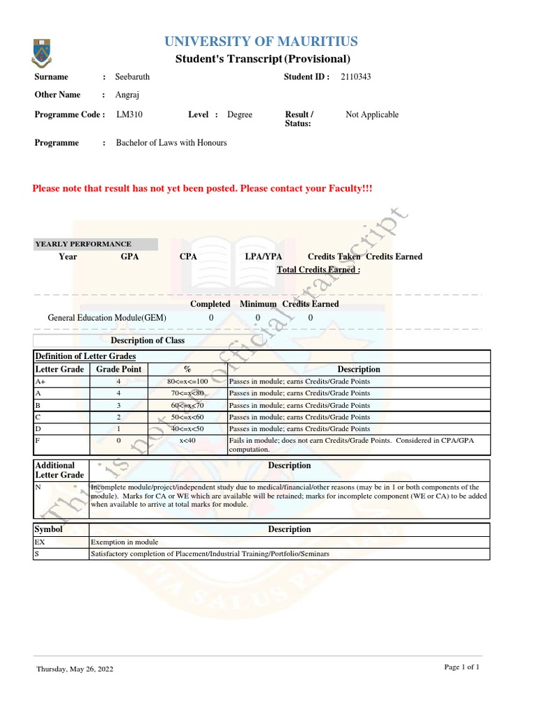 Angraj Seebaruth's Provisional Transcript from the University of ...