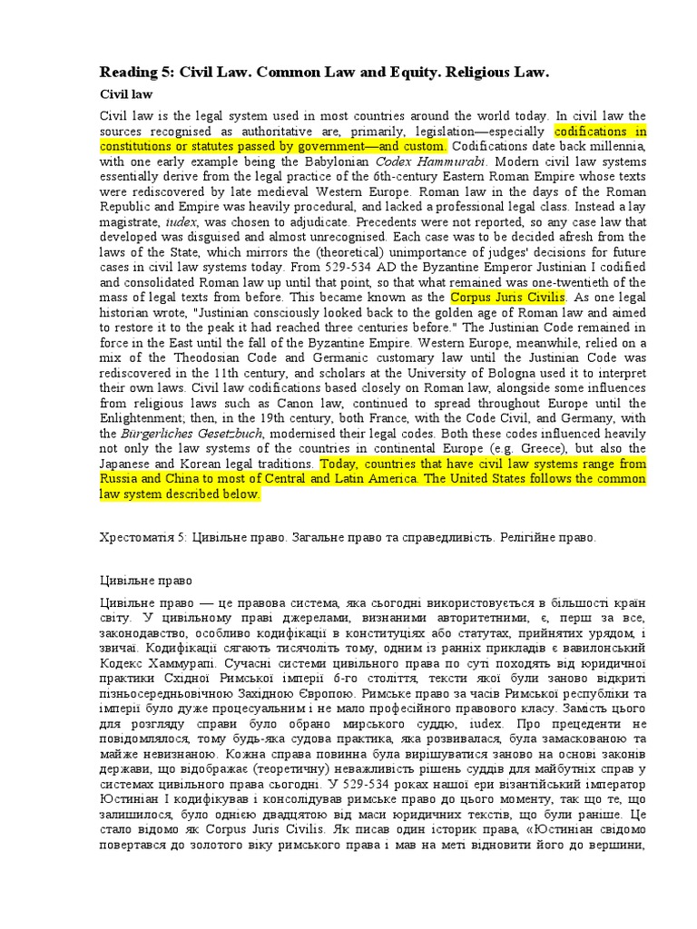Reading 5: Civil Law. Common Law and Equity. Religious Law | PDF ...