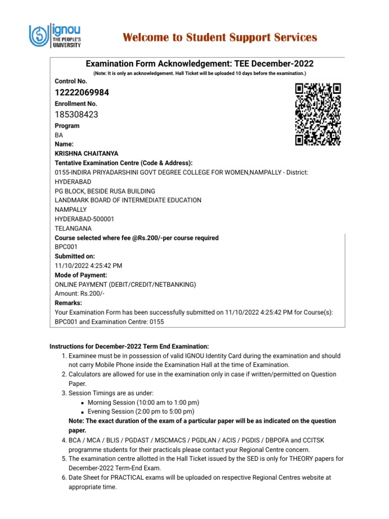 IGNOU - Examination Form Acknowledgement | PDF | Career & Growth