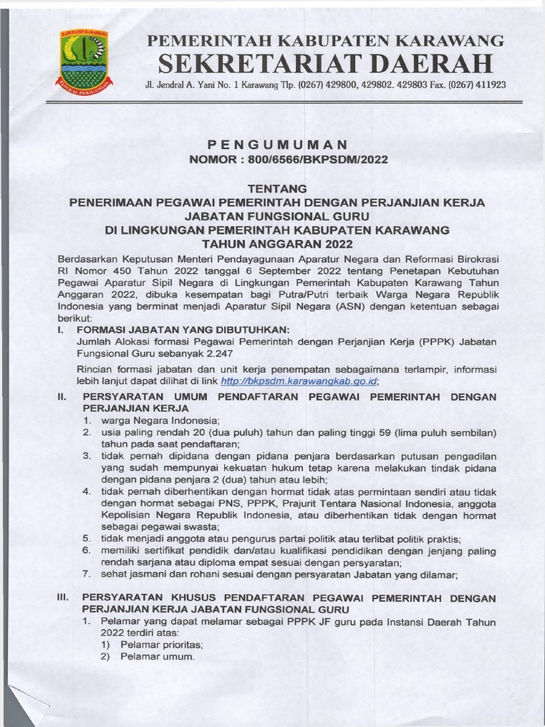 Pengumuman PPPK Guru 2022 Karawang 2022 | PDF