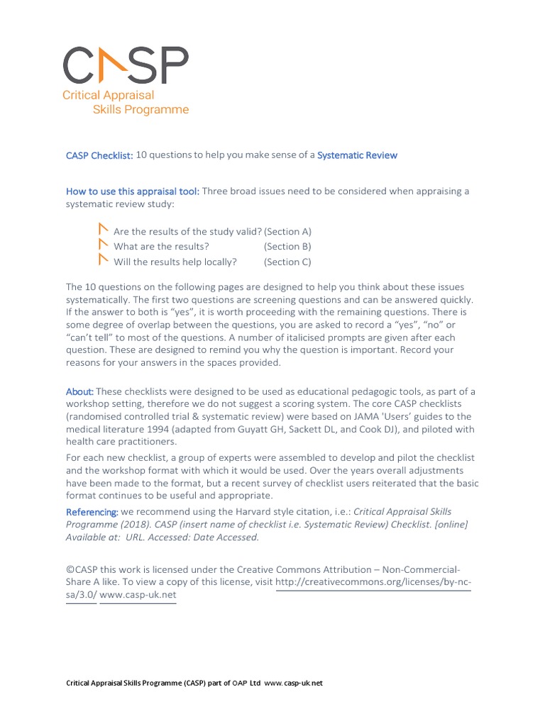 CASP Systematic Review Checklist 2018 - Fillable Form | PDF ...