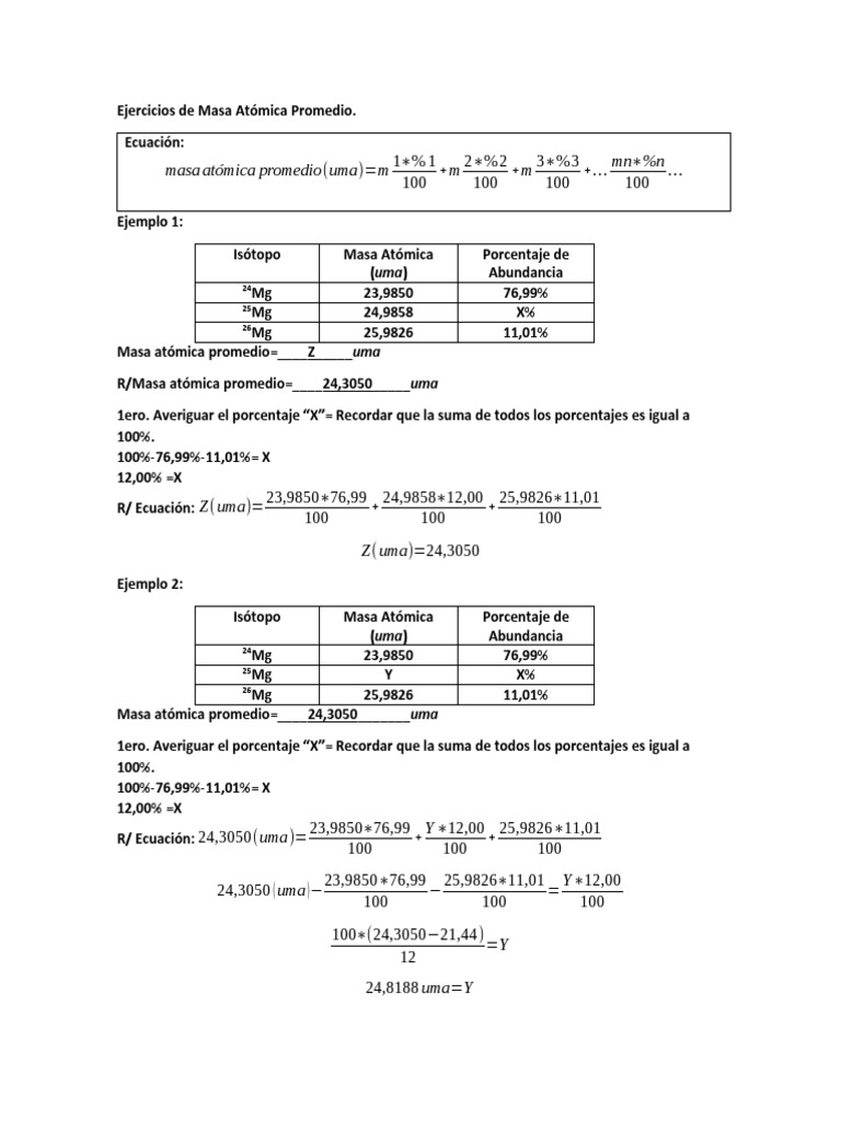 Ejercicios de Masa Atómica Promedio. | PDF | Átomos | Química Física