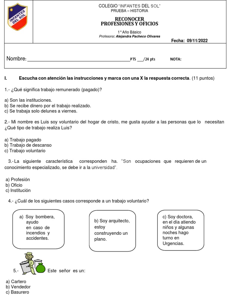 Prueba Profesiones y Oficios 1° Basico | PDF