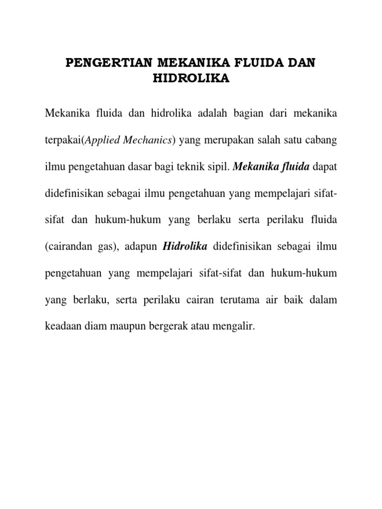 Pengertian Mekanika Fluida Dan Hidrolika | PDF