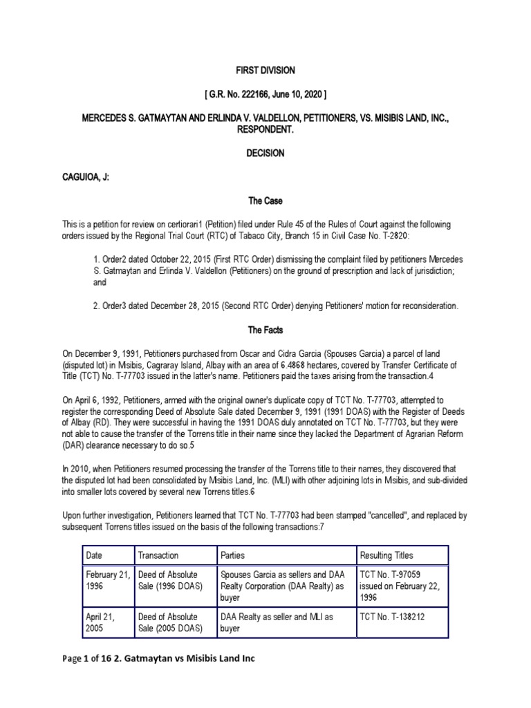 Gatmaytan Vs Misibis Land Inc | PDF | Complaint | Pleading