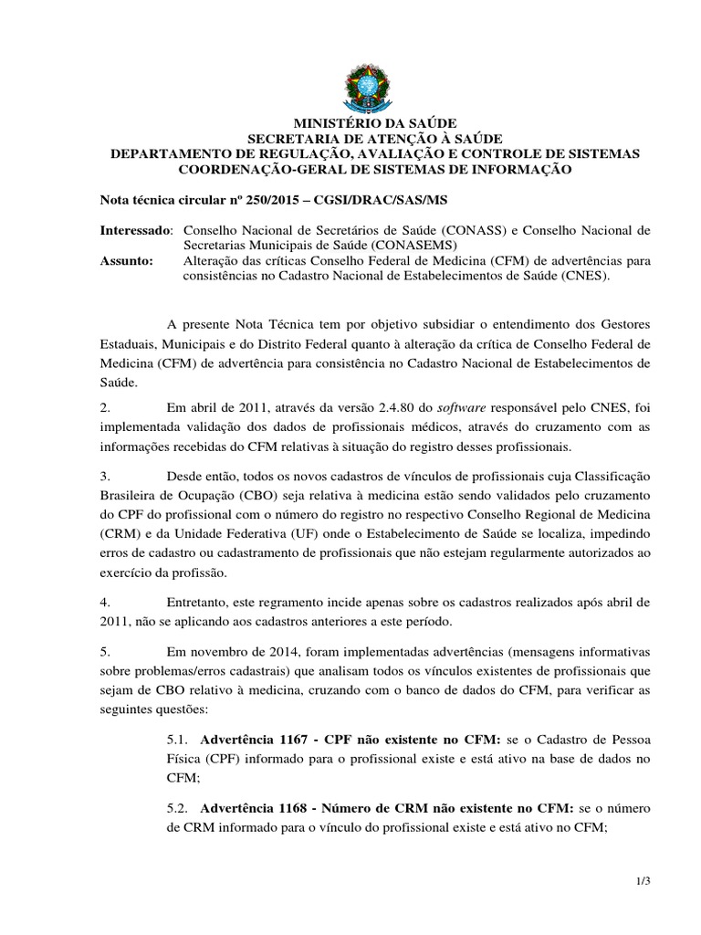 NT 250 2015 Esclarecimentos Critica CRM CNES | PDF | Remédio | Programas sociais