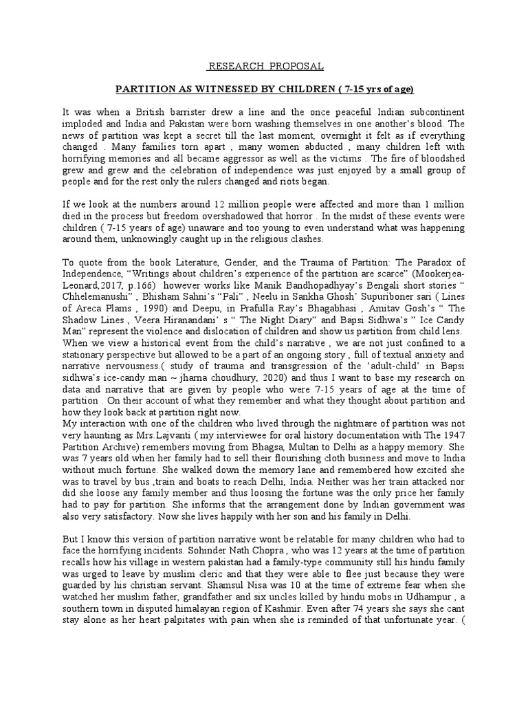 research proposal | PDF | Partition Of India | Psychological Trauma
