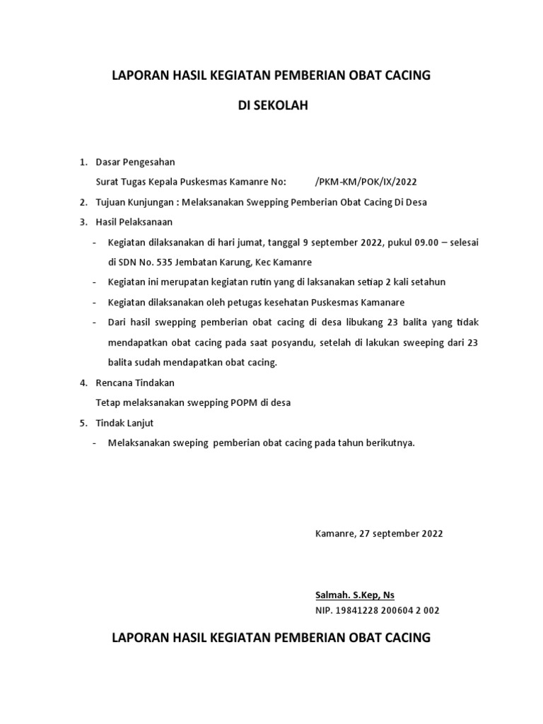 LAPORAN HASIL KEGIATAN PEMBERIAN OBAT CACING Anak Sekolah | PDF