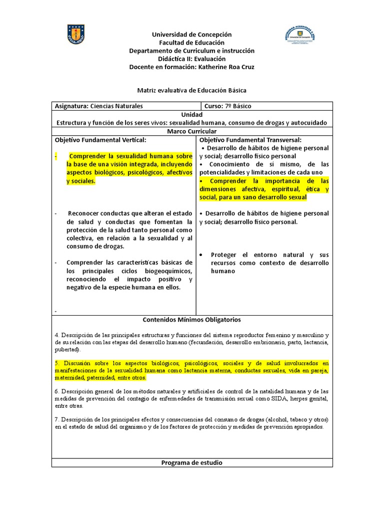 Matriz Evaluativa de La Unidad | PDF | La sexualidad humana | Sistema ...