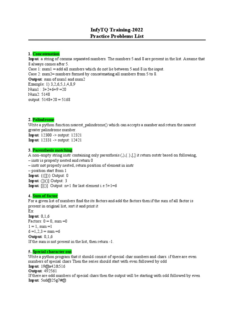 Infytq-Practice Sheet Problems | PDF | String (Computer Science) | Parameter (Computer Programming)