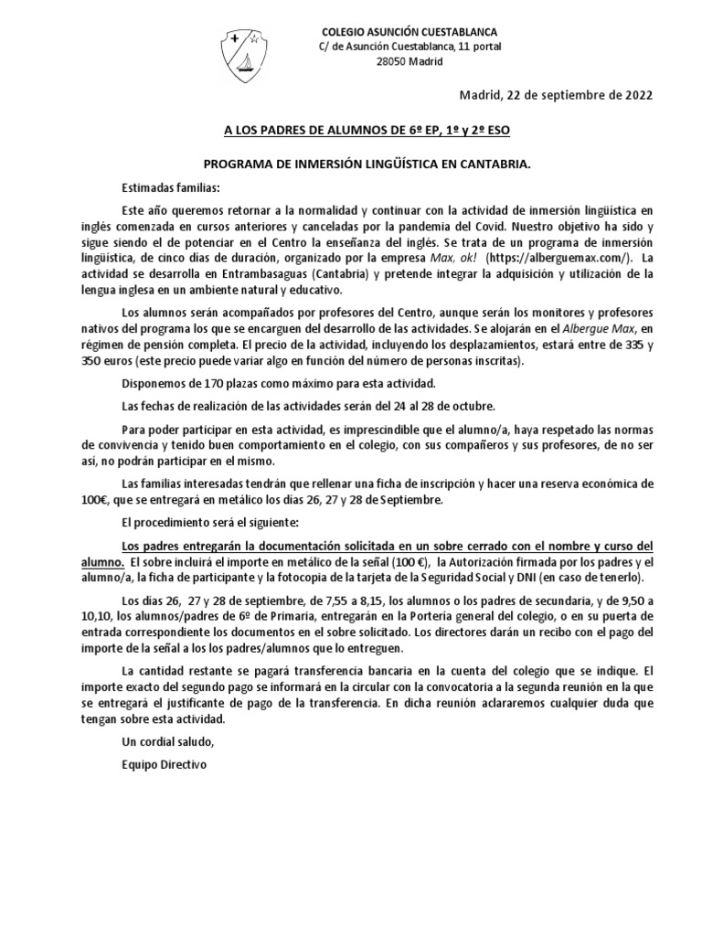 Carta Informativa 6º EP, 1º y 2º ESO 2022 2023 | PDF