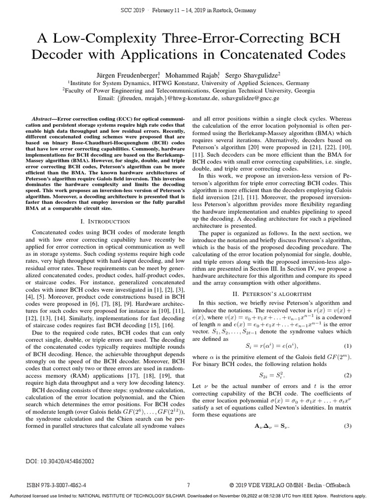A Low Complexity Three Error Correcting Bch Decoder With Applications In Concatenated Codes