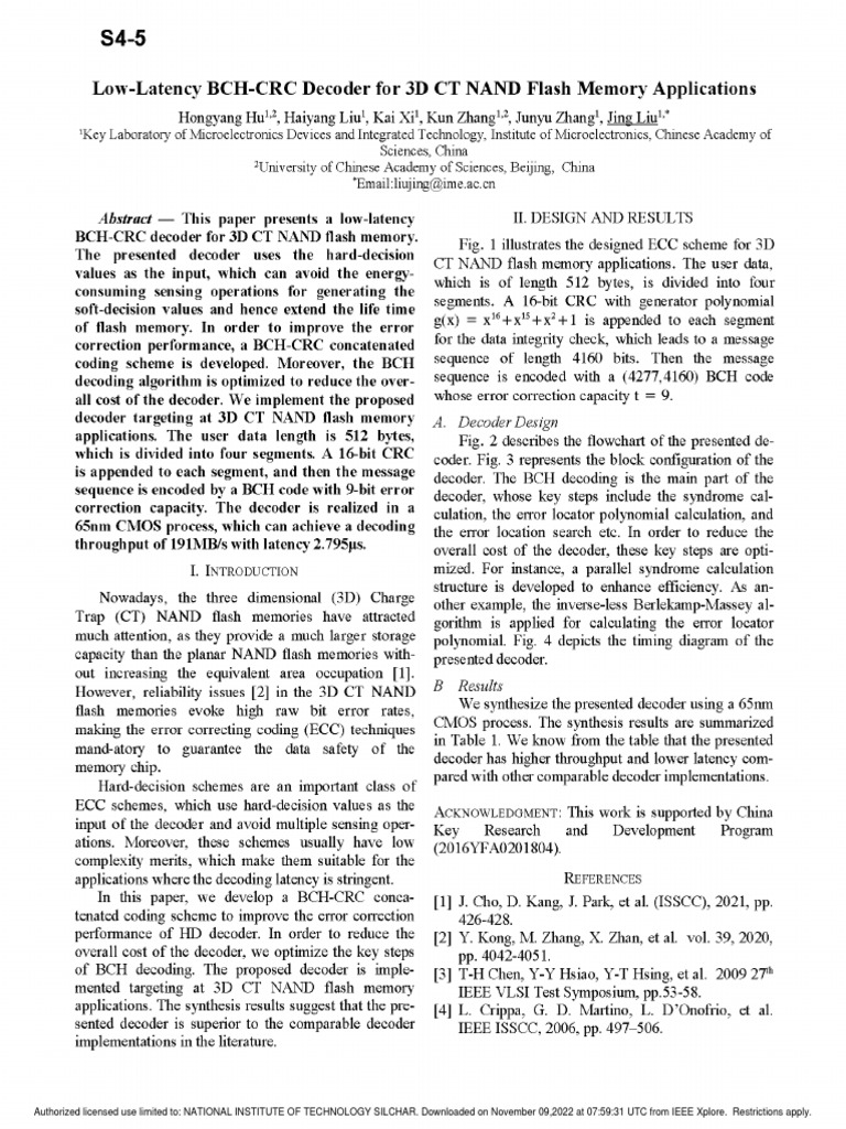 Low-Latency BCH-CRC Decoder For 3D CT NAND Flash Memory Applications | PDF | Flash Memory | Codec