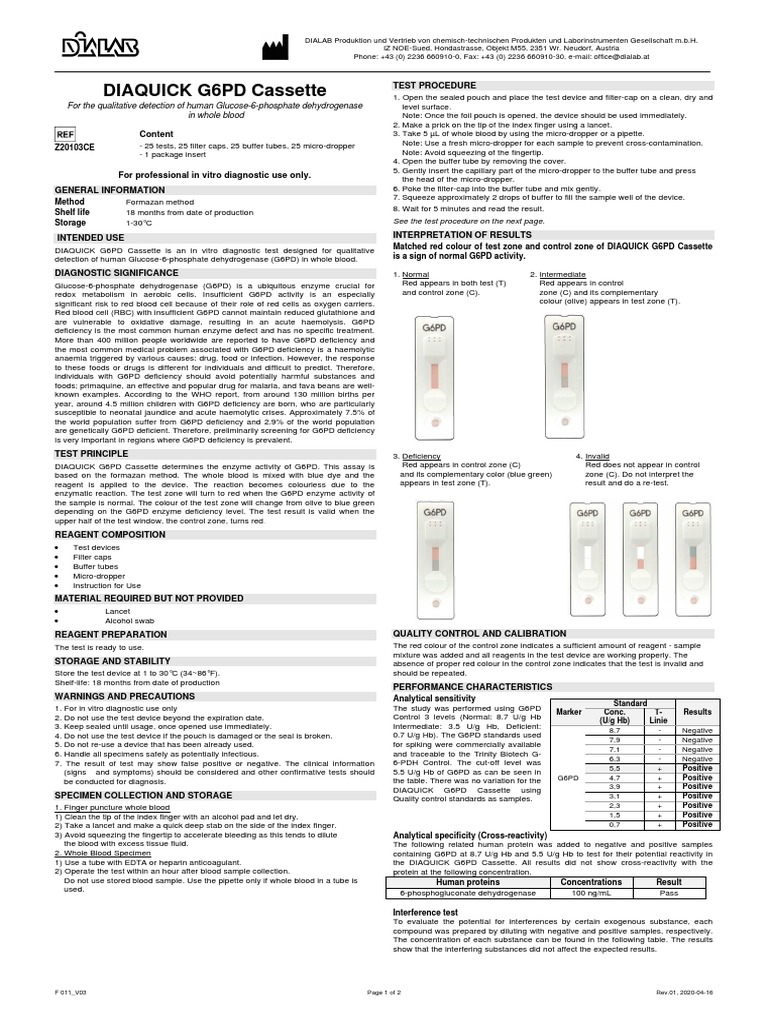 DIAQUICK G6PD Cassette: For The Qualitative Detection of Human Glucose ...