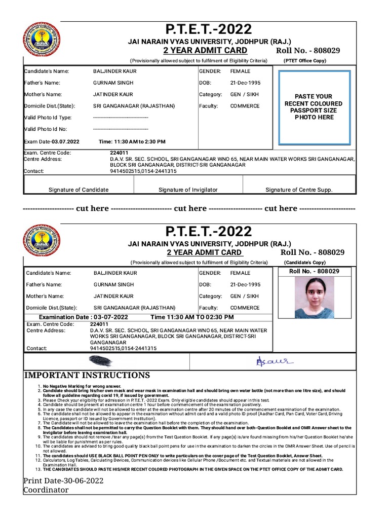 PTET-2022 Admit Card | PDF