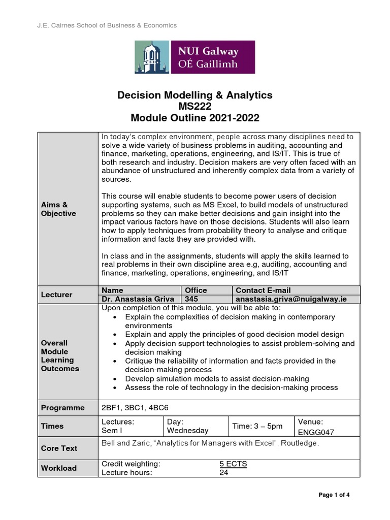 MS222 Module Outline 2122 | Download Free PDF | Analytics | Decision Making