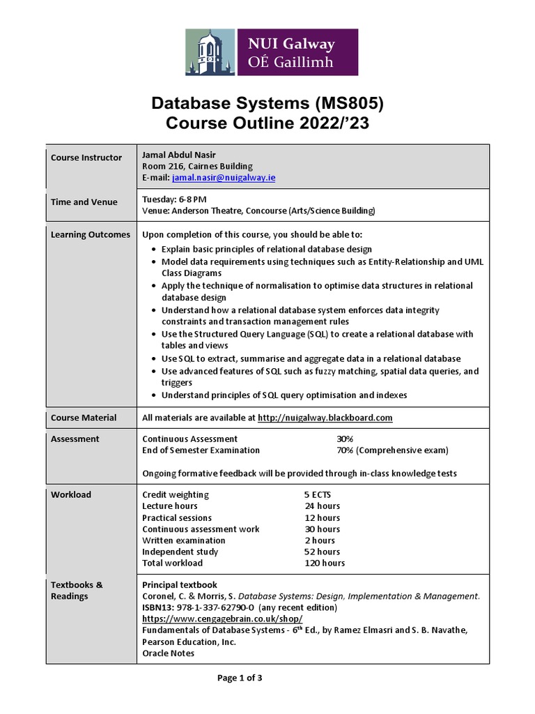MS805 Course Outline 2022-23 | PDF | Databases | Sql