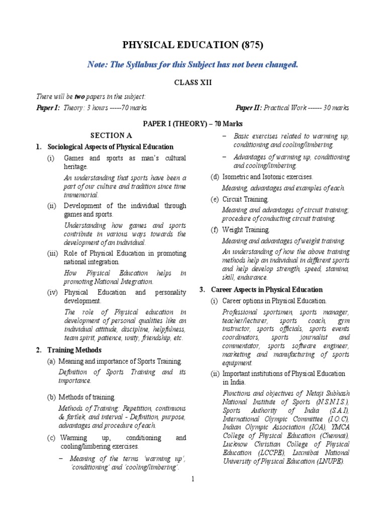 Class XII Physical Education Syllabus | PDF | Swimming (Sport) | Track And Field