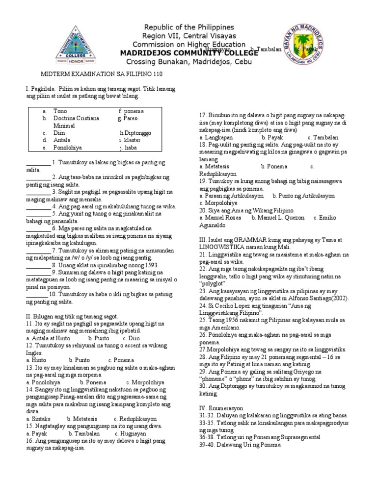 Midterm Examination Sa Filipino 110 | PDF