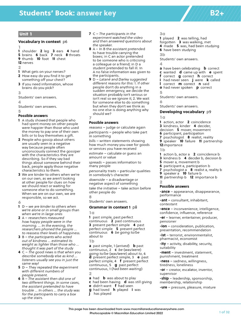 B2PLUS Student's Book Answer Key | PDF | Grammatical Tense
