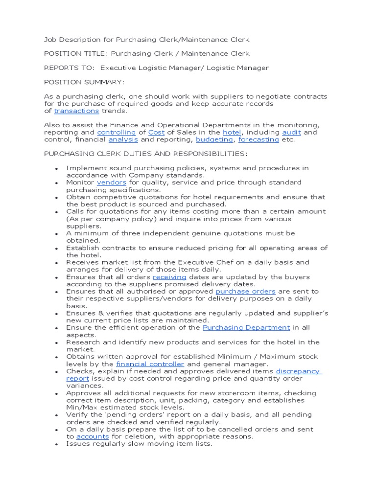 Purchase Manager & Maintenance Clerk | PDF | Supply Chain | Business ...