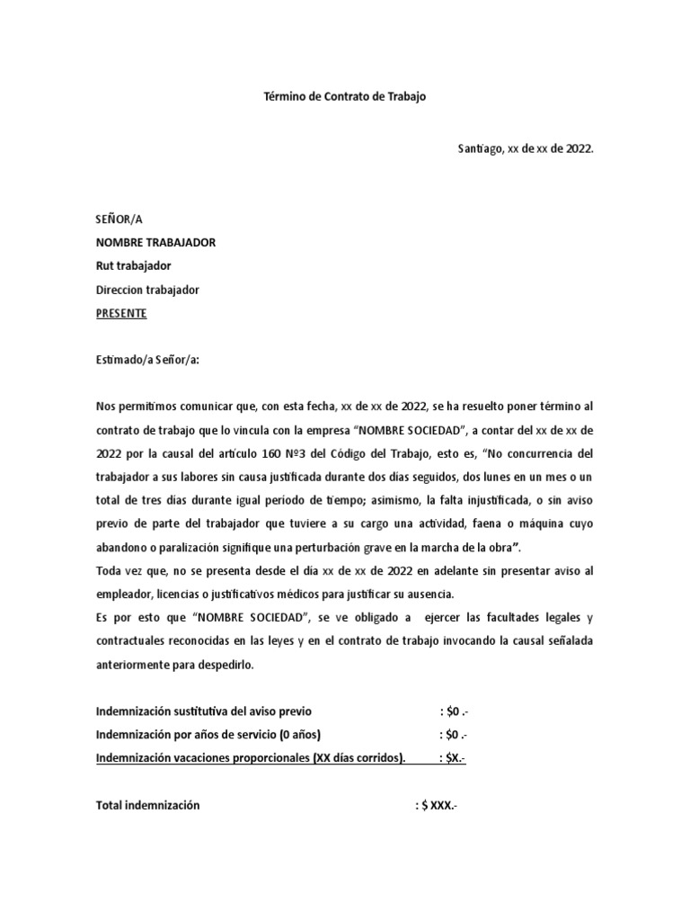 Carta Termino Contrato Articulo 160 Nº3 | PDF