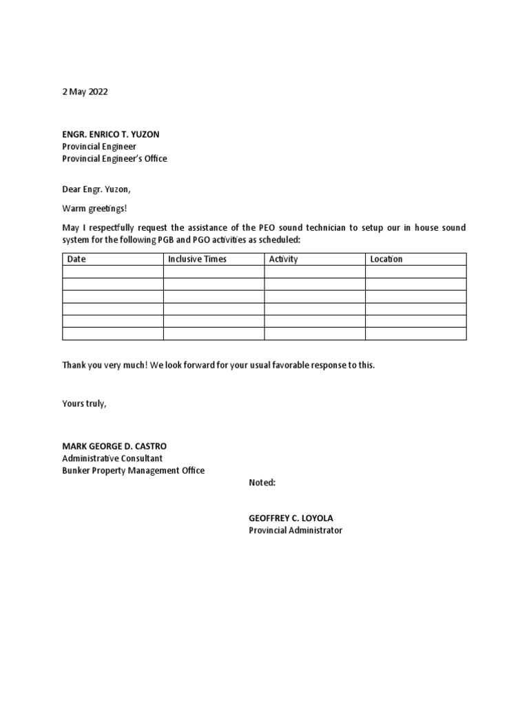 Request Letter For PEO Sound System | PDF
