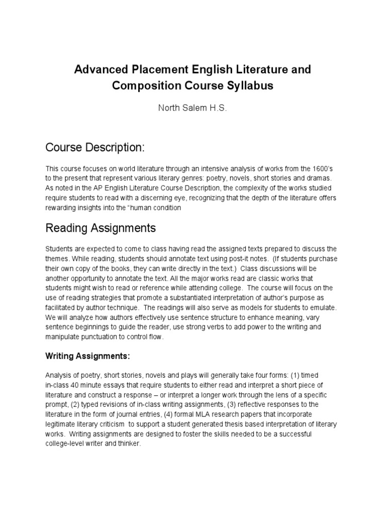 AP Lit. Course Syllabus | PDF | Test (Assessment) | Essays