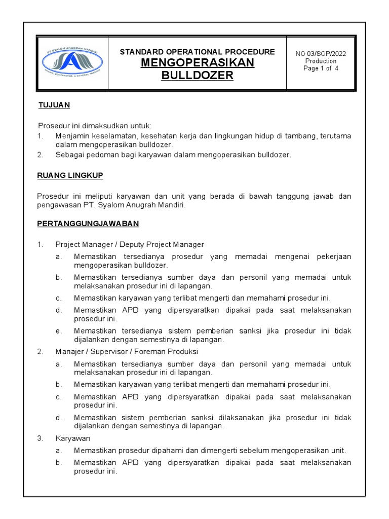 SOP - 03 - Mengoperasikan Bulldozer | PDF