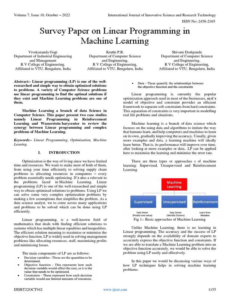 Survey Paper On Linear Programming in Machine Learning | PDF | Machine Learning | Mathematical ...