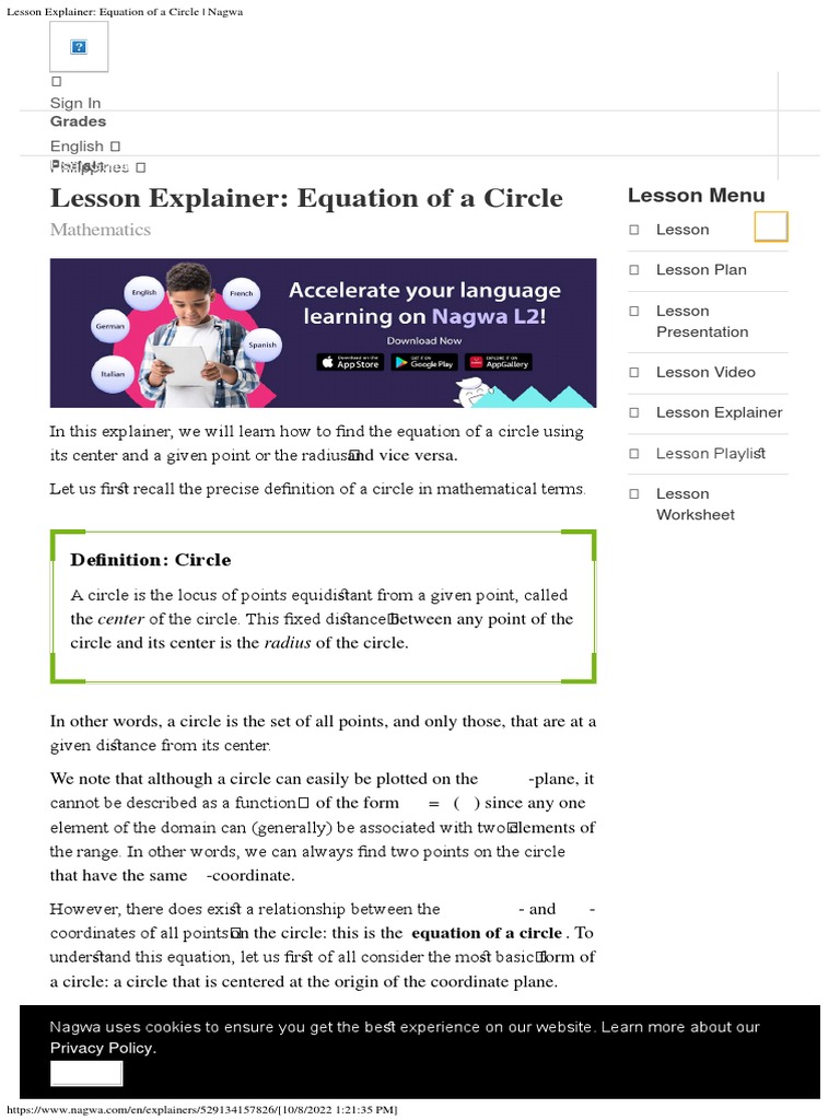 Lesson Explainer Equation of A Circle Nagwa | PDF | Circle | Triangle